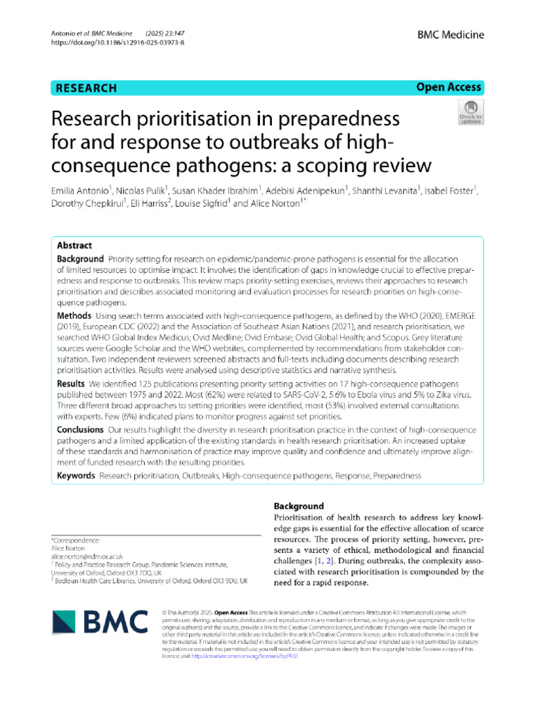Research Prioritisation in Preparedness For and Response To Outbreaks ...