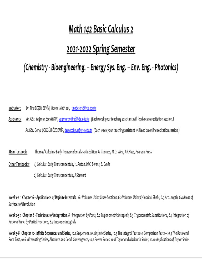 Math 142 Basic Calculus II, Spring - 2022 - Syllabus | PDF | Integral ...