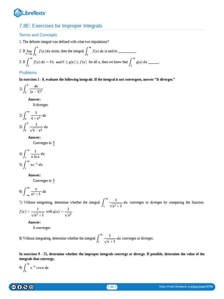 7.8E Exercises For Improper Integrals | PDF | Laplace Transform | Function (Mathematics)