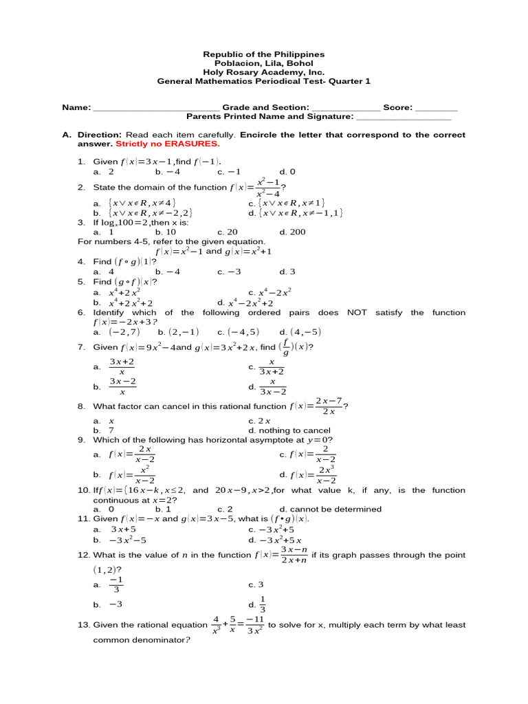 Grade 11 Final Examination | PDF | Function (Mathematics) | Algebra