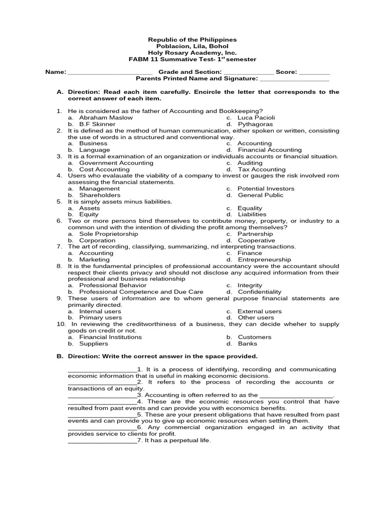 Grade 11 ABM - Summative Test | PDF | Accounting | Business