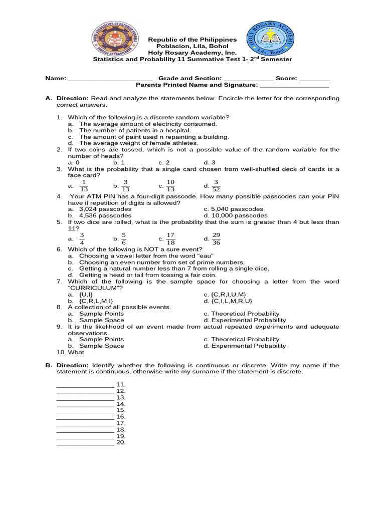 Grade 11 - Gen Math 2nd Summative | PDF | Probability | Random Variable