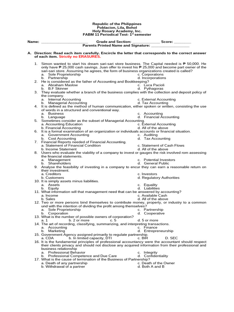 FABM 11 Periodical Test Guide | PDF | Accounting | Partnership