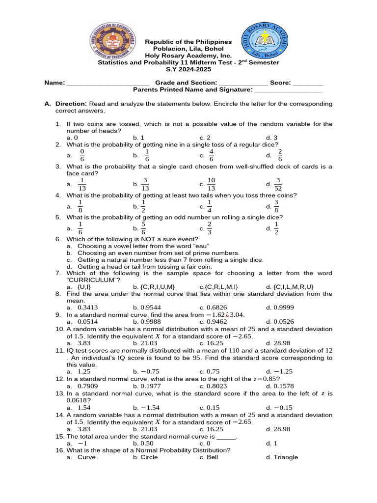Grade 11 -Statistics Midterm Test1 | PDF | Normal Distribution ...