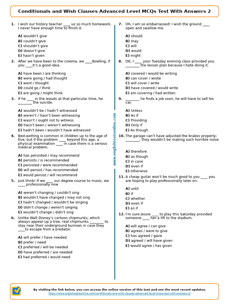 903 Conditionals and Wish Clauses Advanced Level Mcqs Test With Answers ...