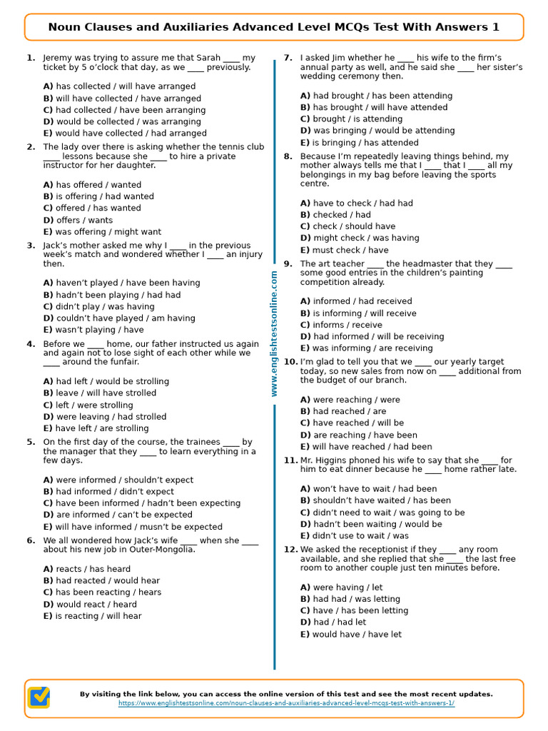899 - Noun Clauses and Auxiliaries Advanced Level Mcqs Test With ...