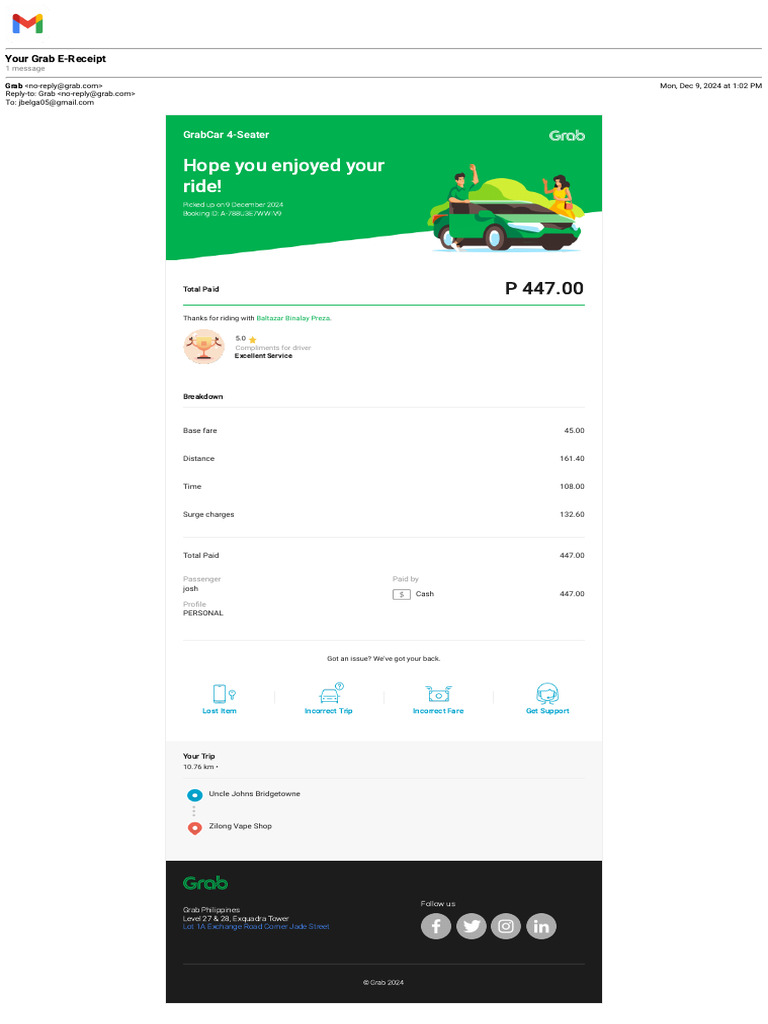 Dec.9-to-CNT Gmail - Your Grab E-Receipt | PDF | Passenger Rail ...