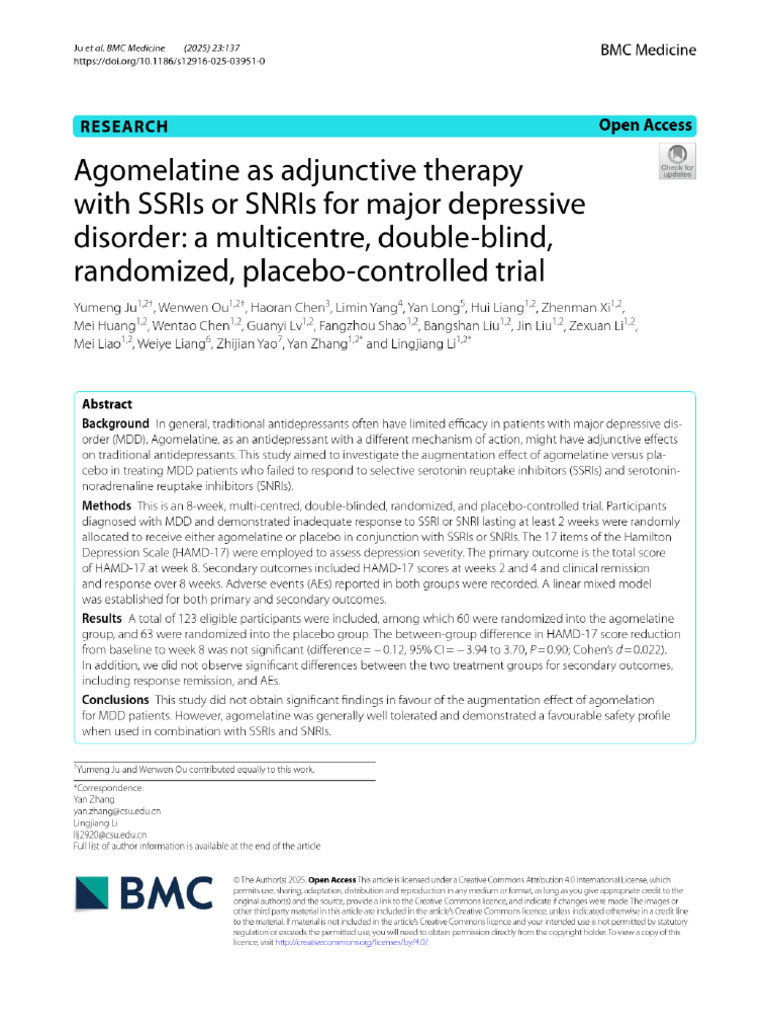 Agomelatine as adjunctive therapy with SSRIs or SNRIs for major ...