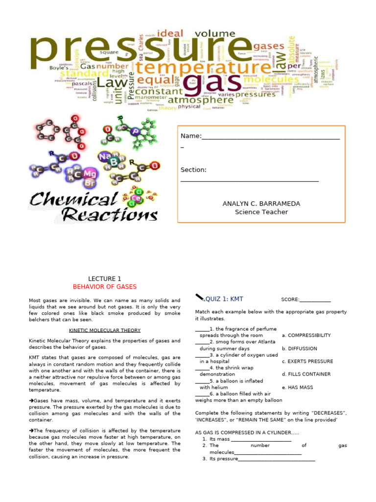 4th Chemistry Handout 2025 | PDF | Gases | Chemical Reactions