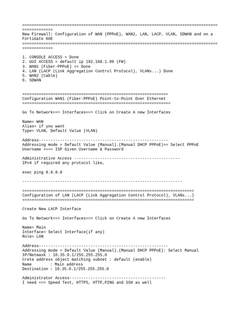 Fortigate Configure WAN1 (PPPoE), WAN2, LACP, VLAN and SDWAN. | PDF ...