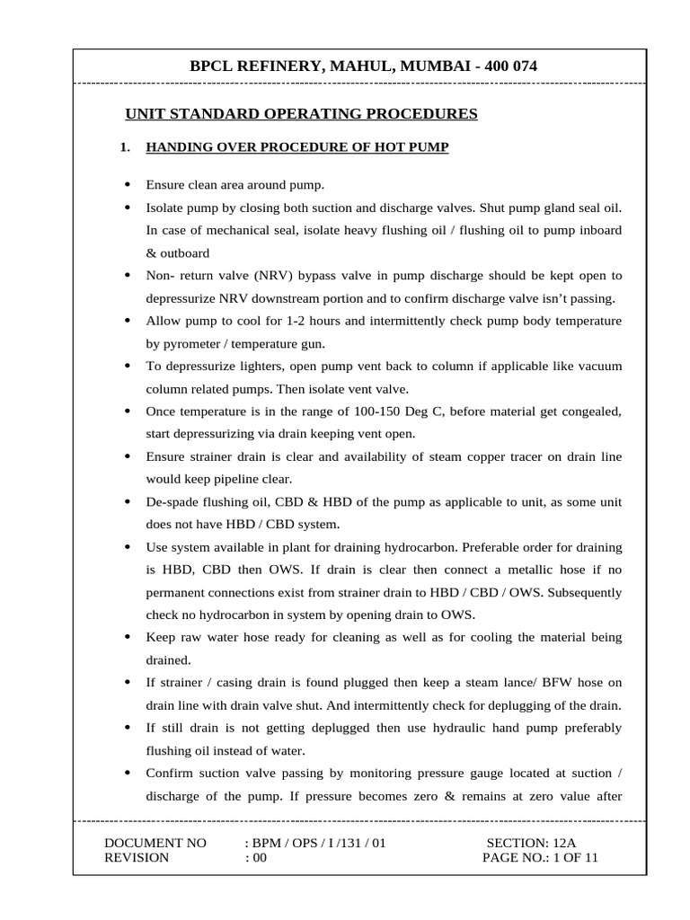 UNIT STANDARD OPERATING PROCEDURES | PDF | Pump | Valve