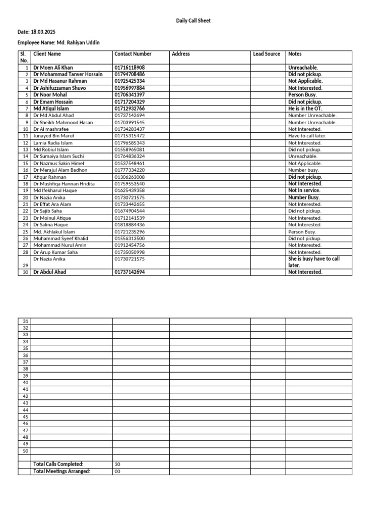 Daily Call Sheet of Rahiyan(18.03.2025) | PDF | Bangladesh