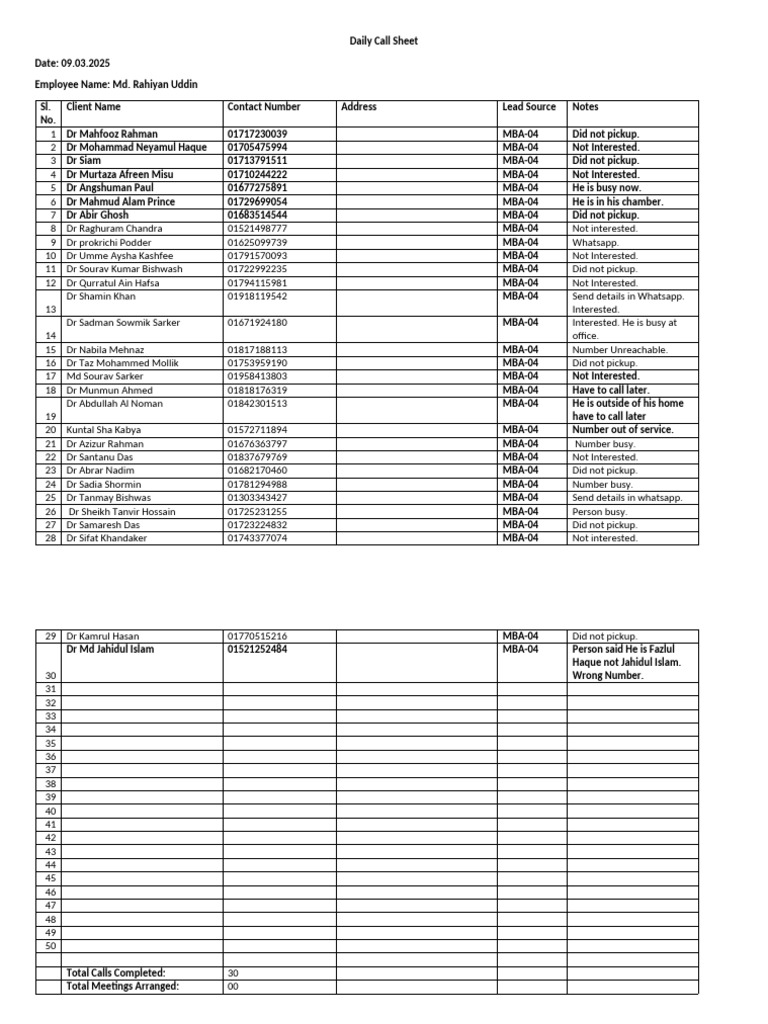 Daily Call Sheet of Rahiyan (09.03.2025) | PDF | Bangladesh