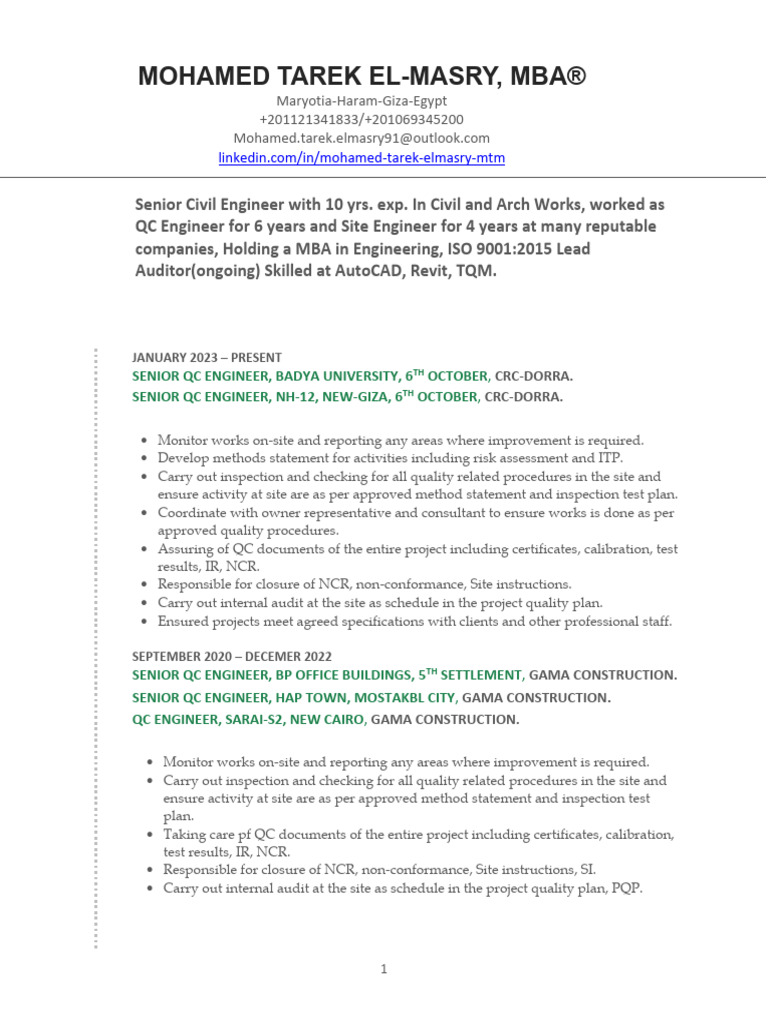 Mohamed Tarek Sr. QC Civil Eng. | PDF | Building Information Modeling | Internal Audit