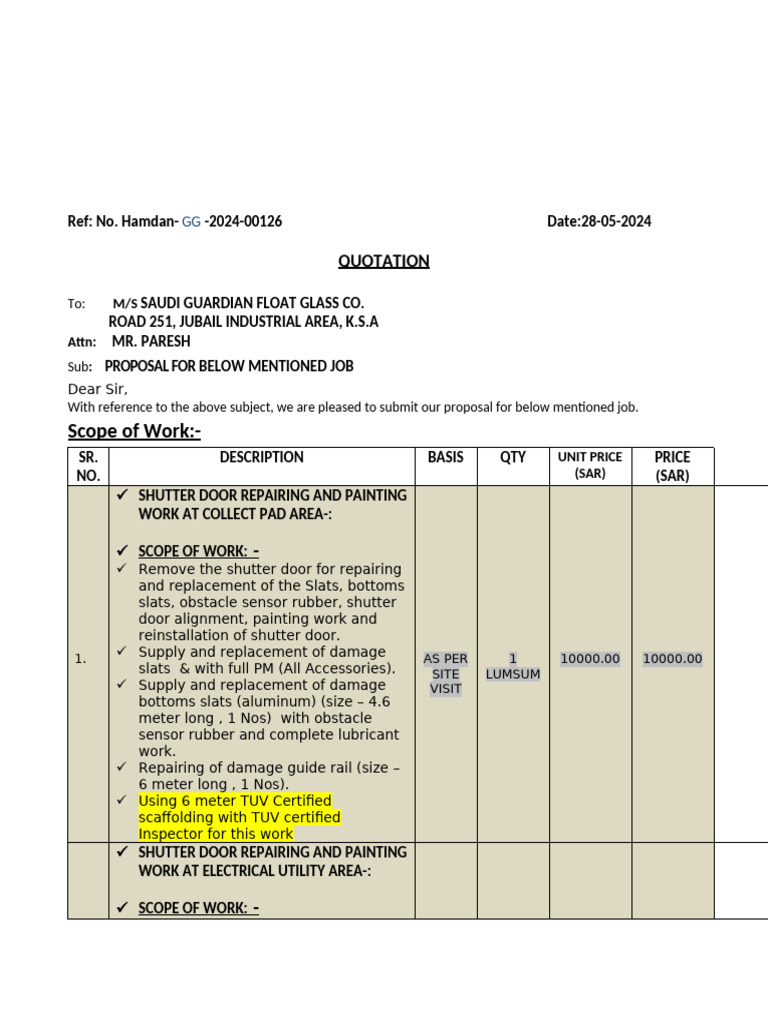 Quotation for Shutter Repairing Work | PDF
