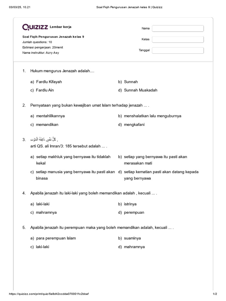 Soal Fiqih Pengurusan Jenazah Kelas 9 - Quizizz | PDF