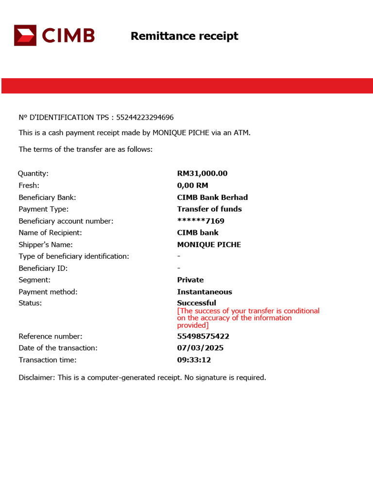 Recu de Paiement CIMB | PDF