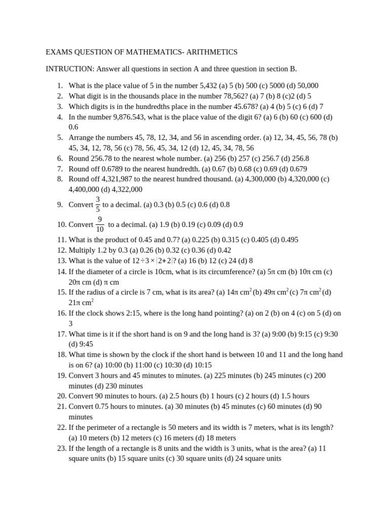 Exams Question of Mathematics | PDF | Area | Litre