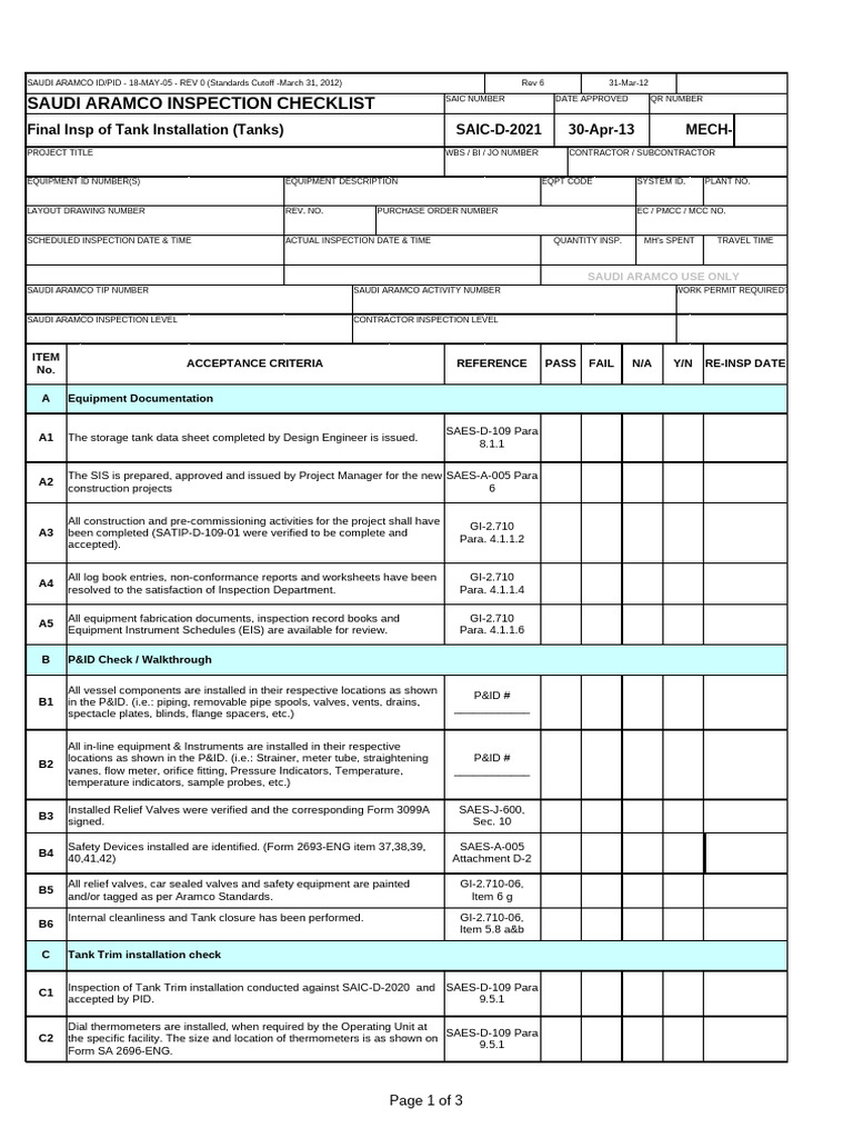 SAIC-D-2021 Rev 6 Final Inspection Tank | PDF | Valve