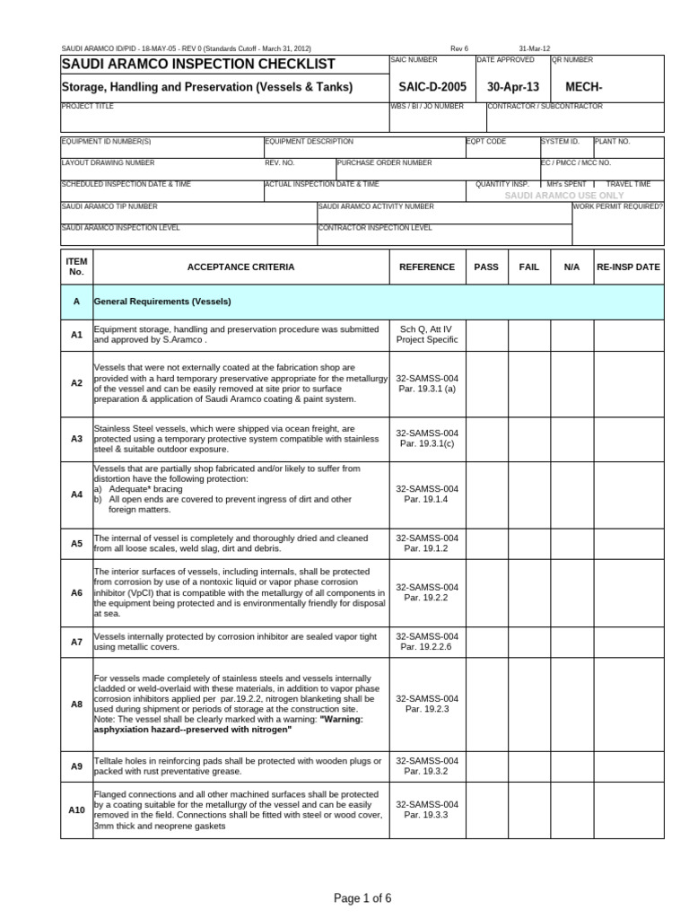 SAIC-D-2005 Rev 6 Storage Handling Tank and Vessel | PDF | Corrosion | Industrial Processes