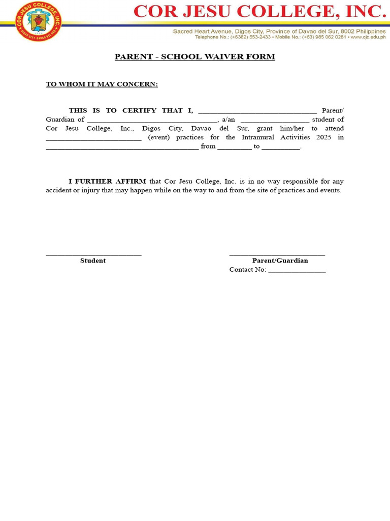 Parent Waiver Form for Intramurals 2025 | PDF