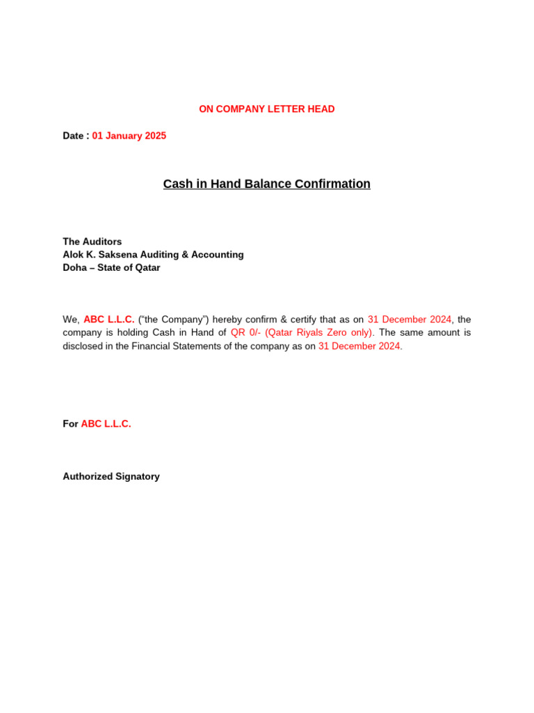 Cash in Hand Confirmation Letter | PDF