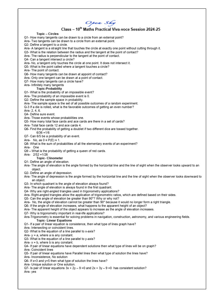 Class 10 Maths Practical Viva Guide | PDF | Trigonometry | Circle