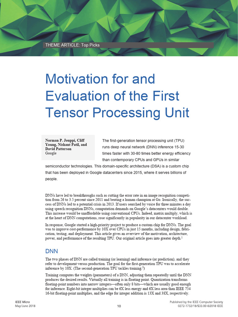 Motivation For and Evaluation of The First Tensor Processing Unit | PDF ...