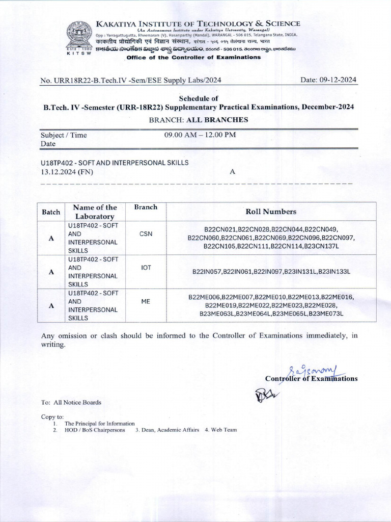 B.Tech IV Semester Supplementary Exam Schedule | PDF