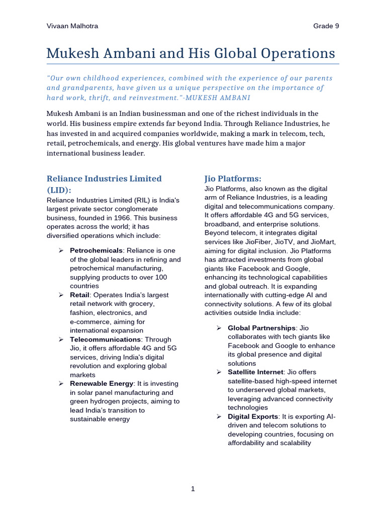 Mukesh Ambani and His Global Operations | PDF | Service Industries