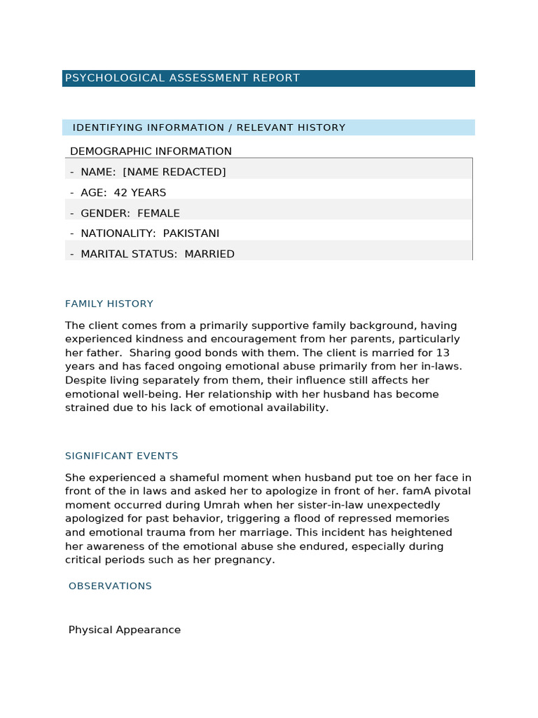 Psychological Assessment Report | PDF | Psychological Trauma | Psychology
