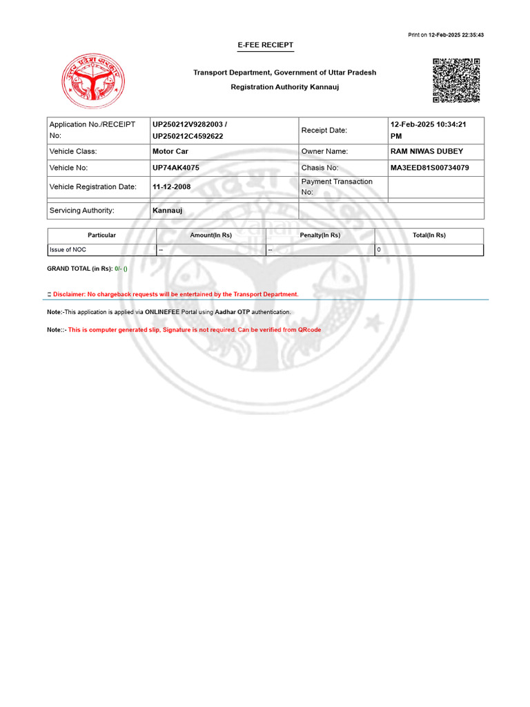 VAHAN 4.0 (Citizen Services)~onlineapp01~135~8001 NOC FEE | PDF