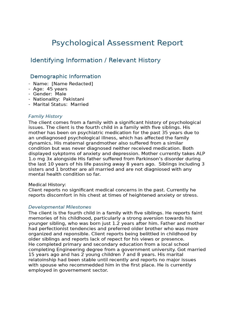 Psychological Assessment Report ACPA II | PDF | Cognitive Behavioral Therapy | Dissociation ...