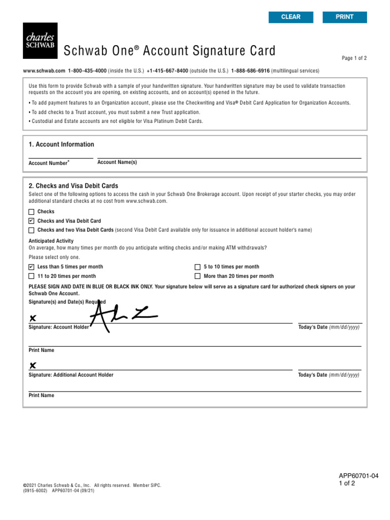 Schwab One Account S Gnature Card: CC T T | PDF | Debit Card | Visa Inc.