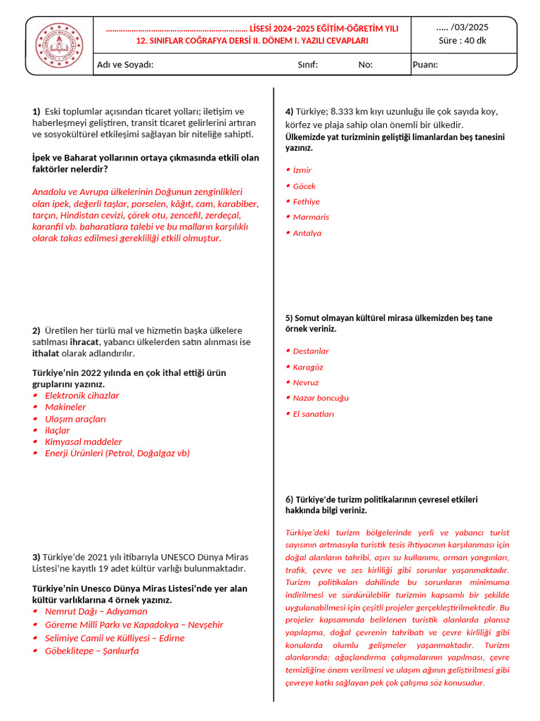 12 Sinif 2 Donem 1 Yazili Cevap Anahtari 2025 | PDF