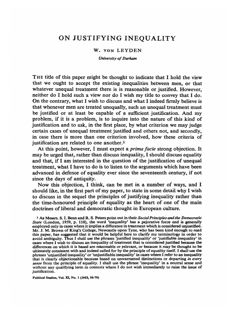 Von Leyden 1963 On Justifying Inequality | PDF | Egalitarianism | Liberty