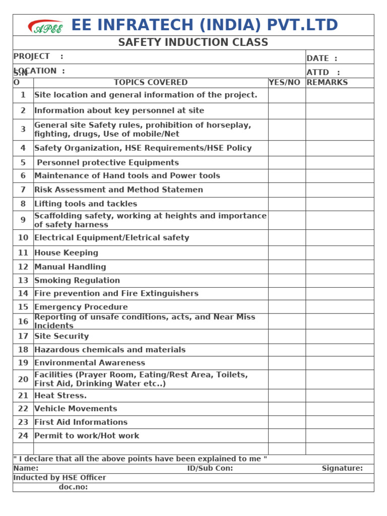 Induction Checklist | PDF