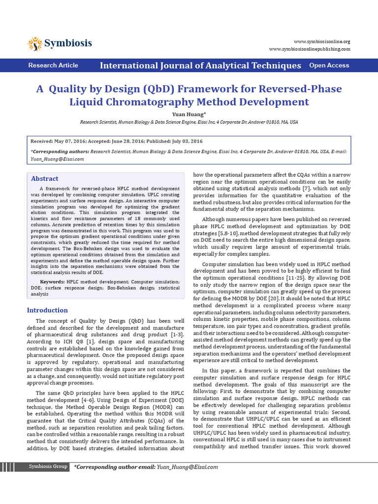 A Quality by Design (QBD) Framework For Reversed-Phase Liquid Chromatography Method Development ...