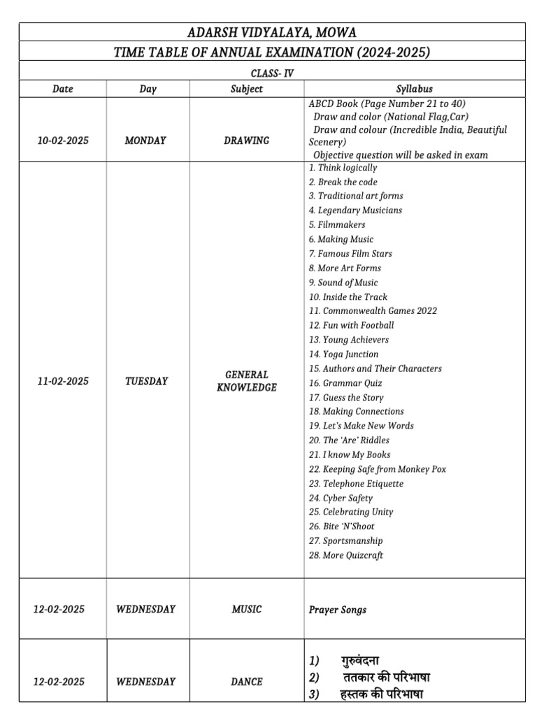 Class IV Annual Exam Timetable 2024-25 | PDF | Linguistics