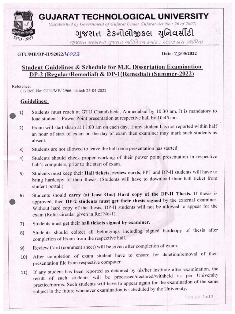 Student Guidelines & Schedule for M.E. DP-2 Summer-2022_329333 | PDF