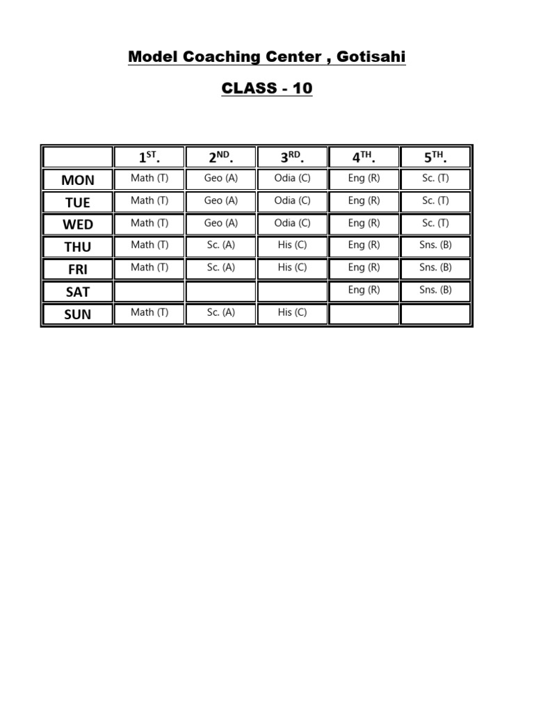 Weekly Class Schedule for Model Coaching | PDF