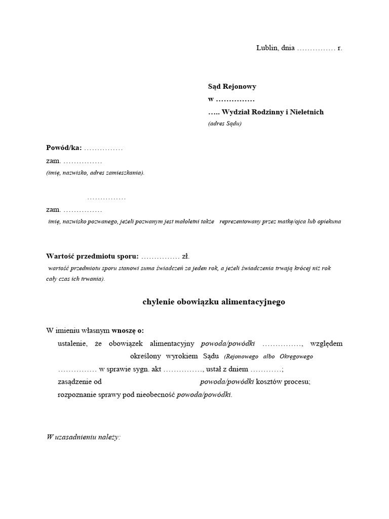 Pozew o Uchylenie Obowiazku Alimentacyjnego | PDF