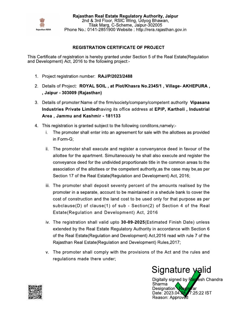 Royal Soil RERA Registration Certificate | PDF