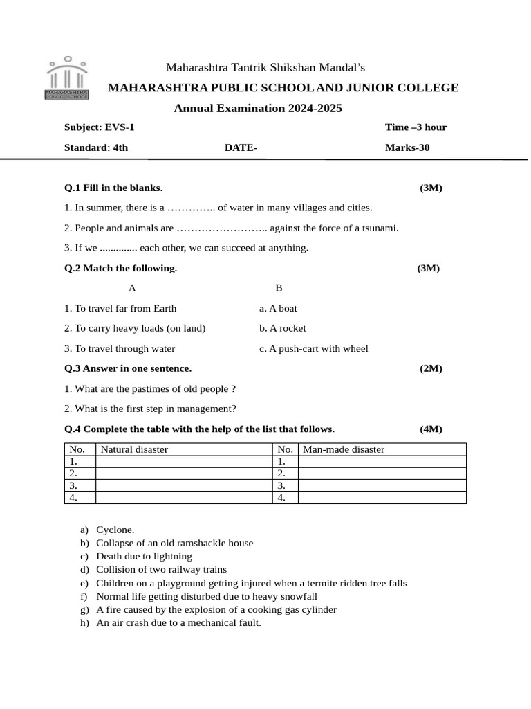 EVS-1 Exam Paper for Standard 4 | PDF | Natural Hazards | Natural Disasters