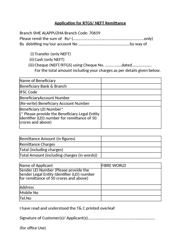 Application For RTGS NEFT Remittance | PDF