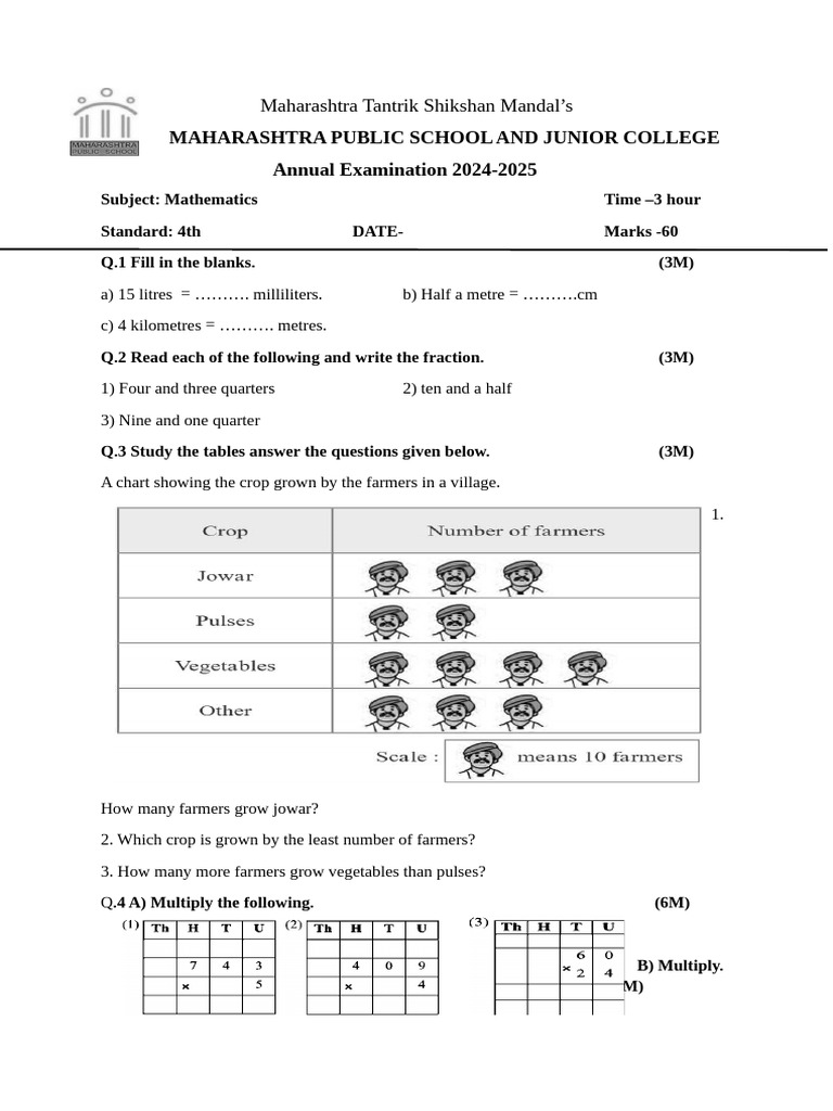 4th Maths Annual QP 24-25 | PDF