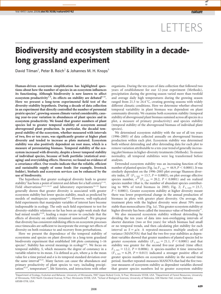 Biodiversity and Ecosystem Stability in A Decade-Long Grassland ...