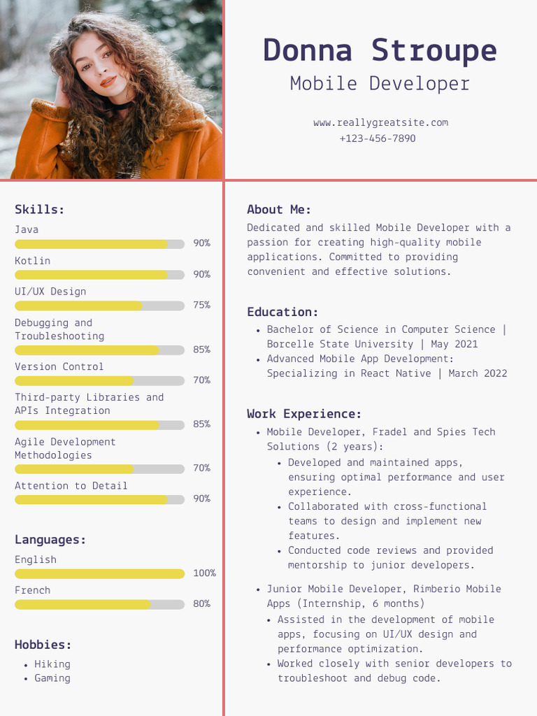 Grey Orange Yellow Professional Creative Mobile Developer CV A4 Resume ...