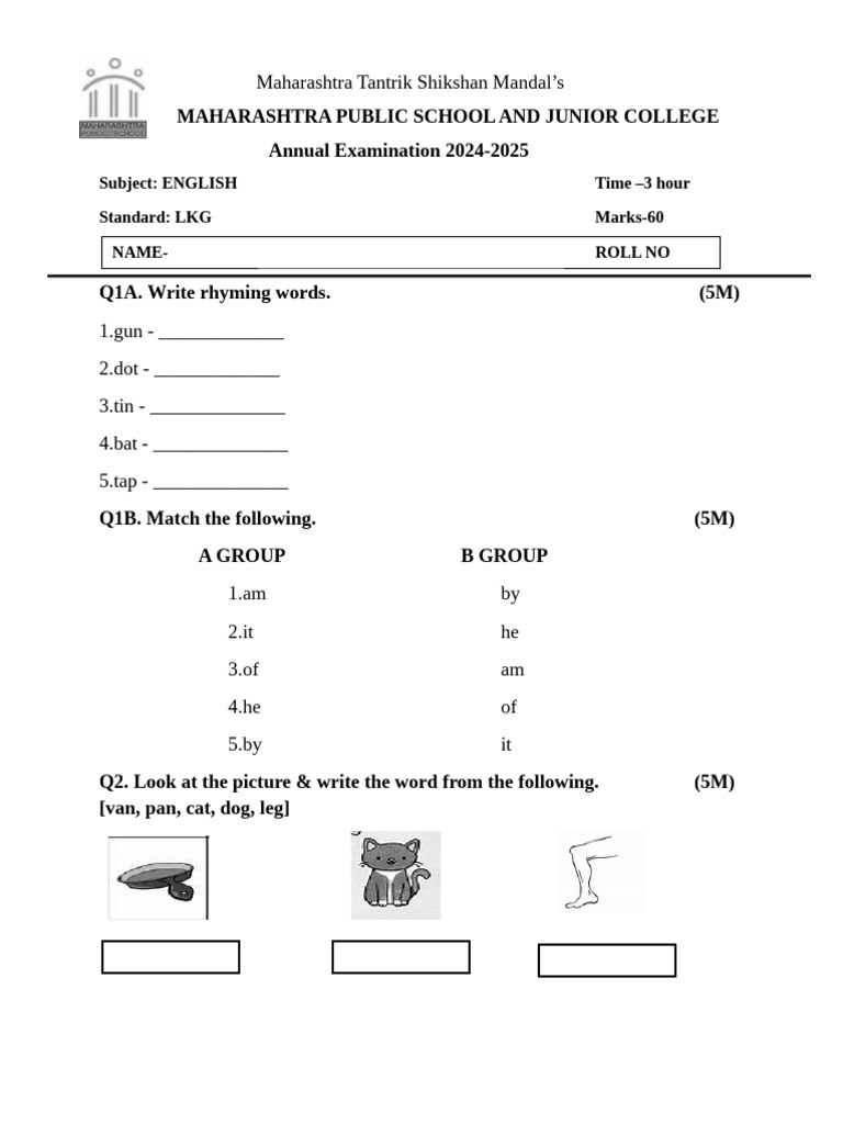 LKG English Final Exam 24-25 | PDF | Linguistics | Languages