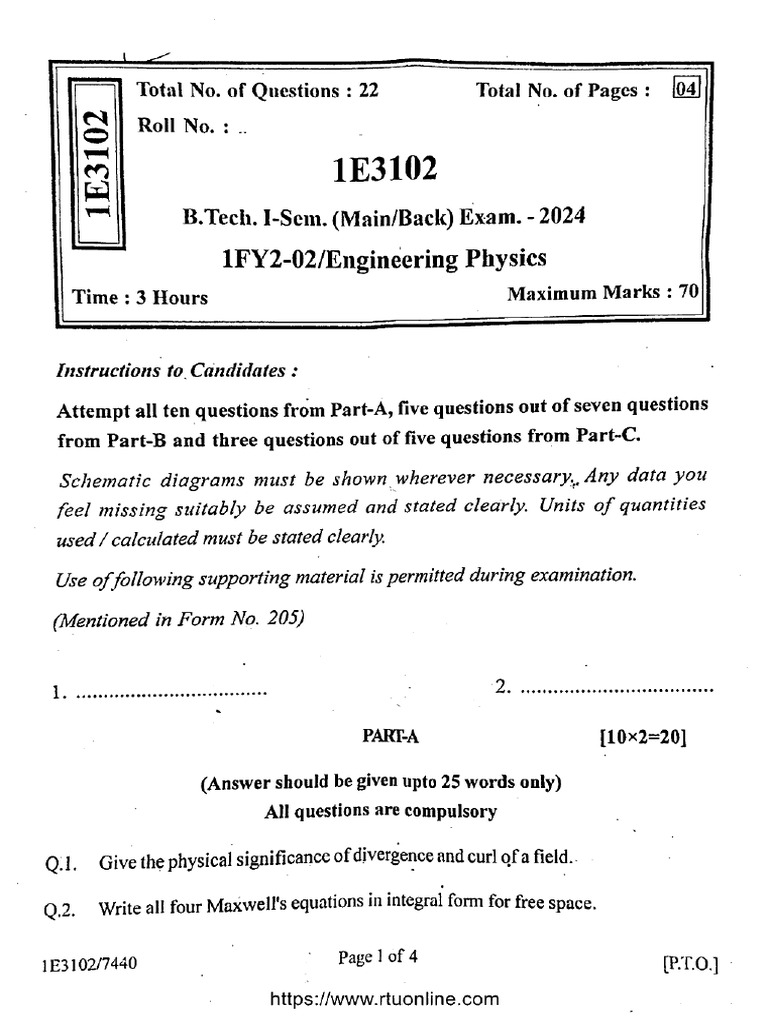 Btech 1 Sem Engineering Physics 1e3102 2024 | PDF